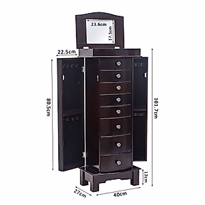 Jewelry Armoire with Mirror, 7 Drawers & 24 Necklace Hooks, 2 Side Swing Doors(Black Brown) (17.8 x 13 x 40)"