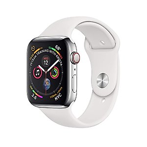 Apple Watch Series 4 (GPS + Cellular, 44MM) - Stainless Steel Case with White Sport Band (Renewed)