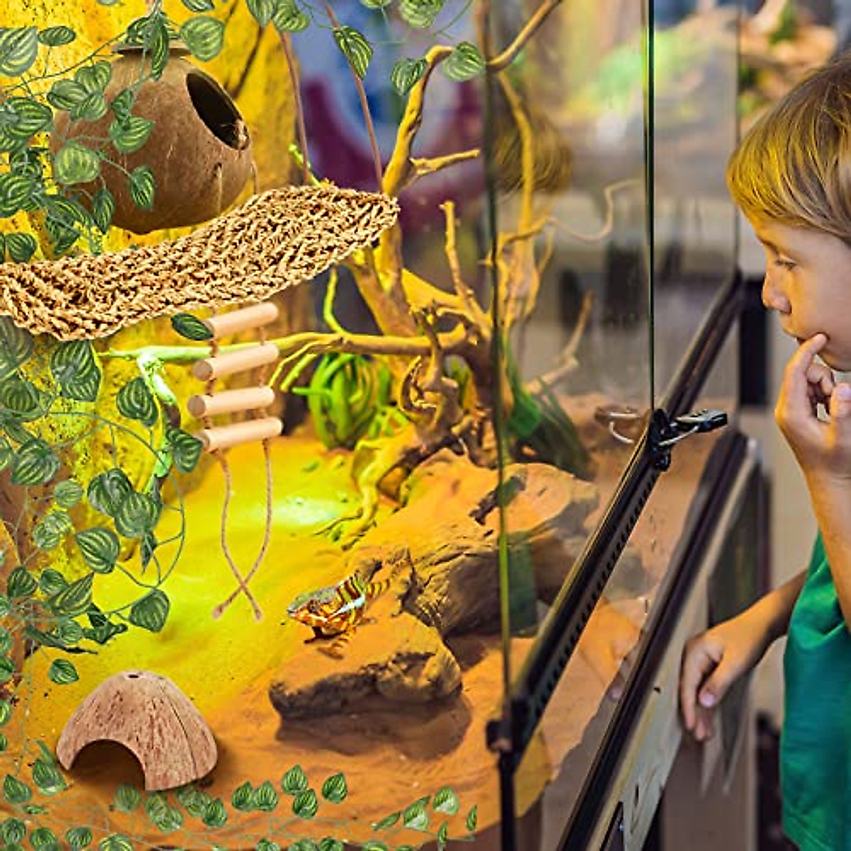 Woiworco Bearded Dragon Tank Accessories, 22 Packs Reptile Habitat Accessories Kit, Lizard Hammock Climbing Jungle Vines, Artificial Leaves, Coconut Hut, and Shells Leopard Gecko Tank Accessories