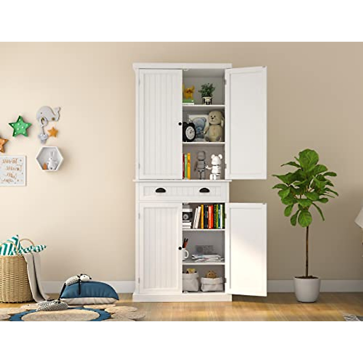 Yusong 72'' Tall Kitchen Pantry Cabinet, Farmhouse Storage Cabinet with 4 Doors, Drawer and Adjustable Shelf, Freestanding Wooden Cupboard Buffet for Home Dining Room Living Room Entryway, White