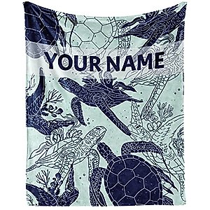 Personalized Sea Turtle Blanket with Name - Soft, Fuzzy & Warm - 40"x50" Small Blanket for Couch, Sofa - Blue Cute Throw Gifts for Adults, Kids
