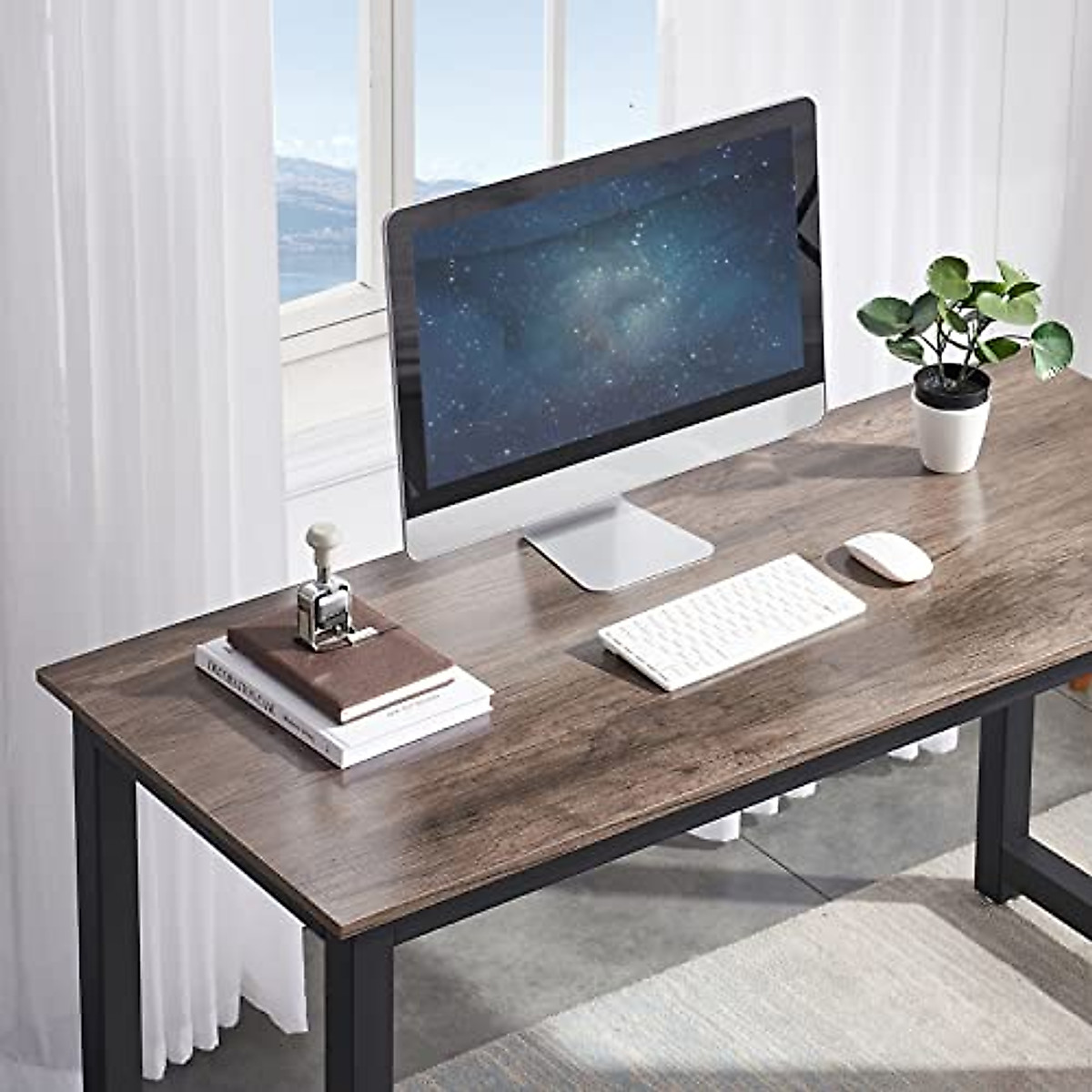 OFICS 55.1" Large Computer Desk,Modern Simple Style PC Laptop Desk for Home Office,Office Desk Workstation with Wide Metal Sturdy Frame,Thicker Steel Legs Study Desk,Rustic/Black