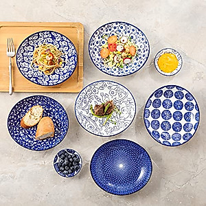 Selamica 8 inch Porcelain Oval Serving Bowls for Salad, Dessert, Oven Safe, Dinner Plates, Pasta Bowls Set of 6 (Vintage Blue)