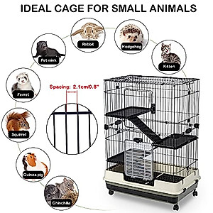 HomSof 4-Tier 32" Small Animal Metal Cage Height Adjustable with Lockable Casters Grilles Pull-Out Tray for Rabbit Chinchilla Ferret Bunny Guinea Pig Squirrel Hedgehog(Grey)
