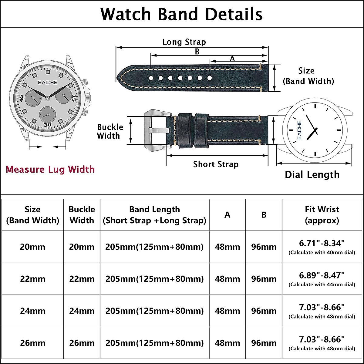 EACHE Leather Watch Bands Handmade Genuine Leather Watch Straps Vintage Design Classical Thick Watch Bands 20mm