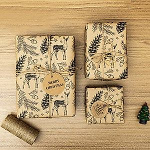 RUSPEPA Kraft Christmas Wrapping Paper Roll - Mini Roll - Black Reindeer Design for Holiday Gift Wrap - 17 Inches X 32.8 Feet