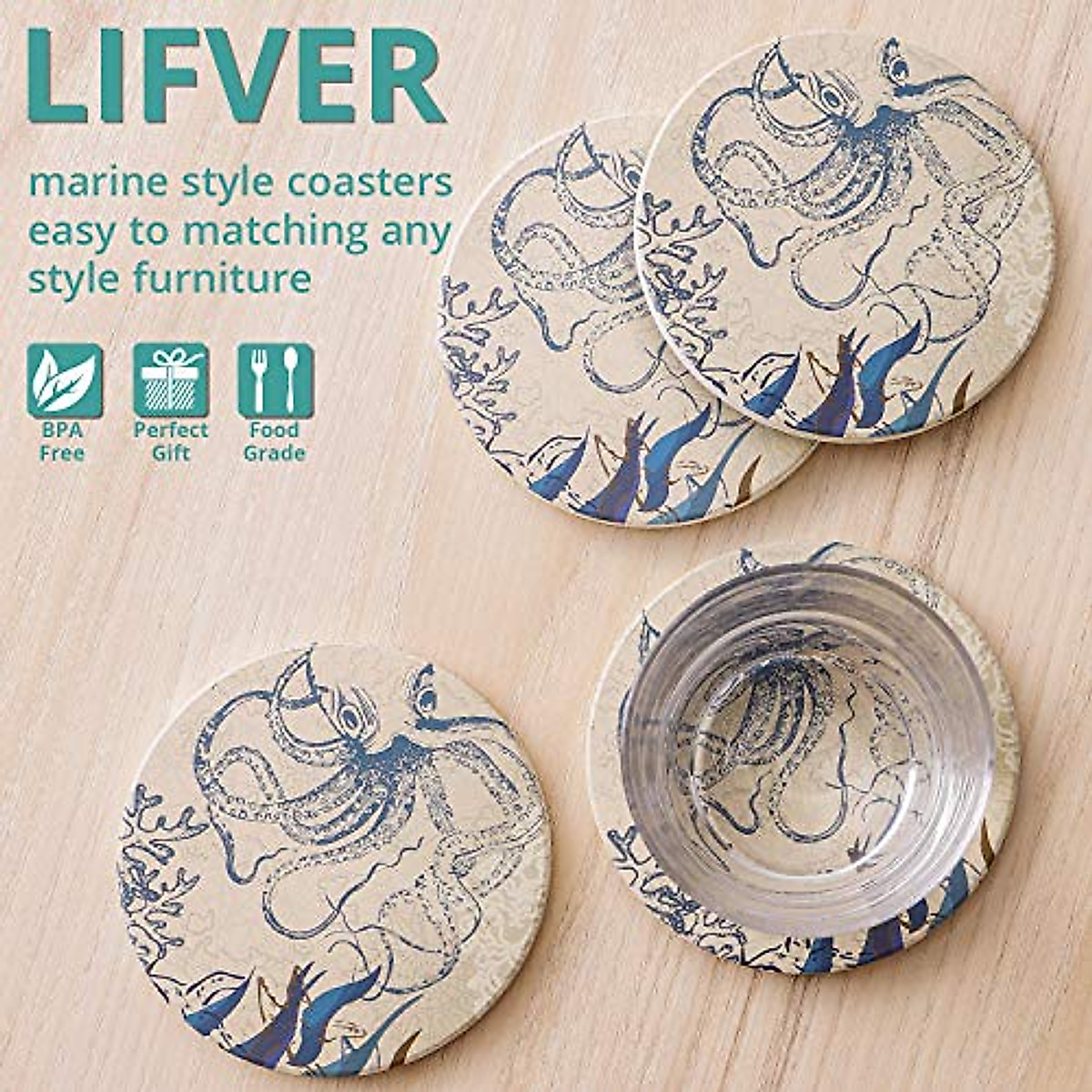 LIFVER Absorbent Stone Coasters with Holder, Coasters for Drinks and Cork Baking, Octopus On World Map Novelty Design, Set of 6
