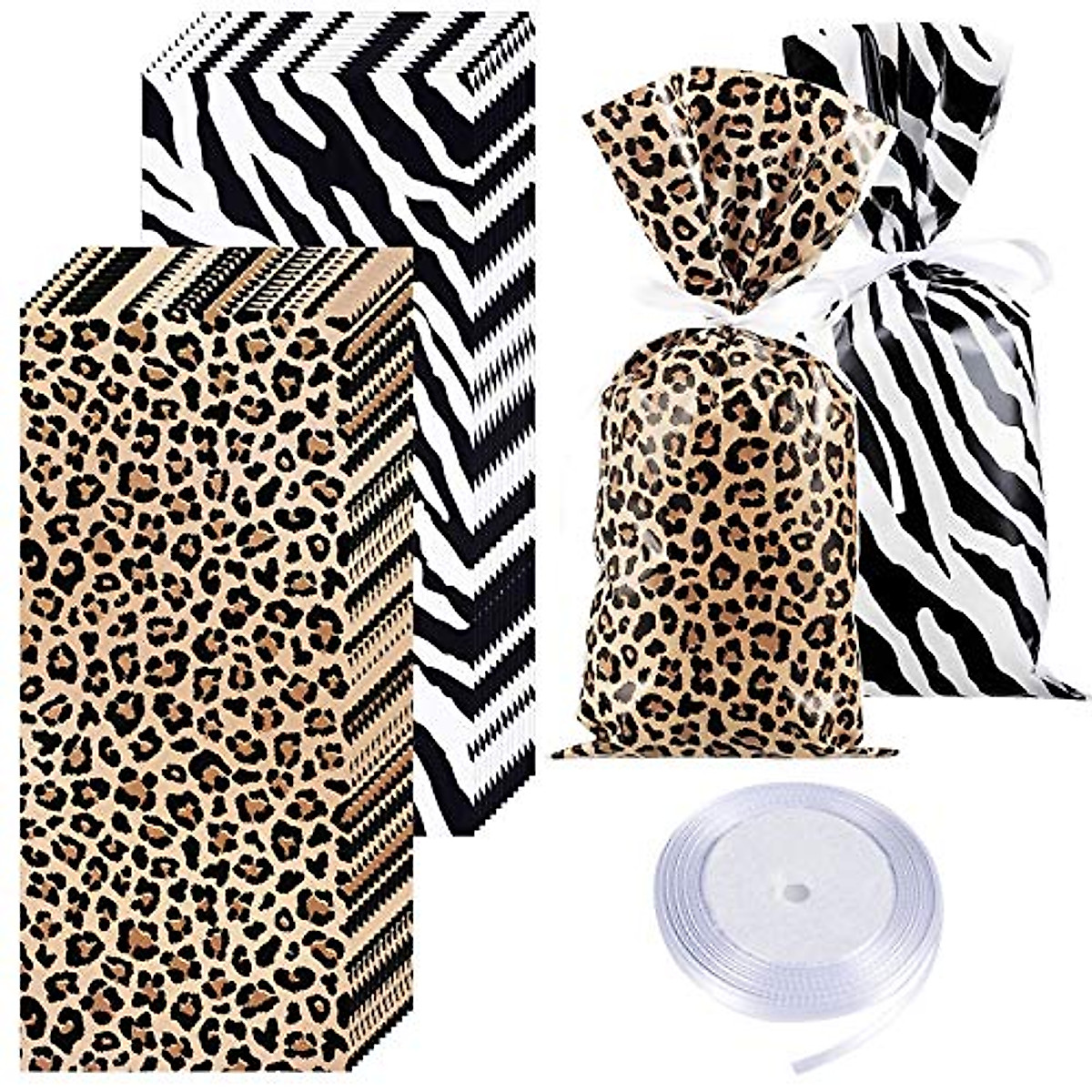 100 Pieces Leopard and Zebra Print Cellophane Bags Animal Print Party Supplies Bags Sealable Treat Bags with a Roll of White Ribbon for Chocolate Candy Snacks Cookies Zoo or Jungle Party