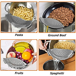 YEVIOR Clip on Strainer for Pots Pan Pasta Strainer, Silicone Food Strainer Hands-Free Pan Strainer, Clip-on Kitchen Food Strainer for Spaghetti, Pasta, Ground Beef Fits All Bowls and Pots (Grey)