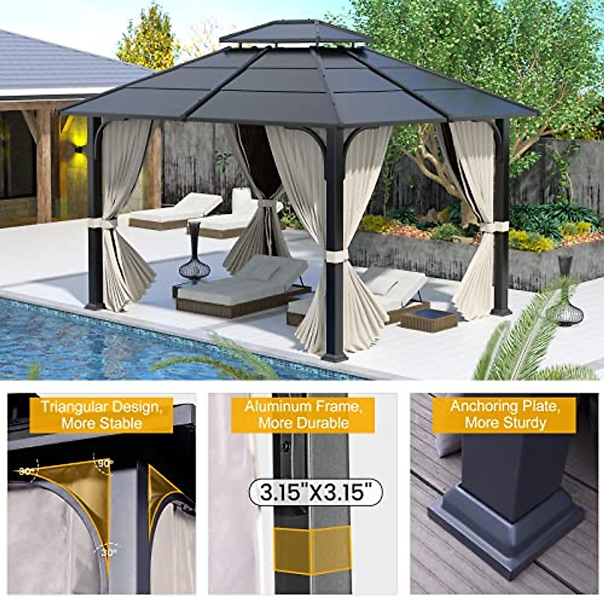 OLILAWN Gazebo 10x12, Outdoor Hardtop Gazebo with Durable Metal Frame, Galvanized Steel Double Top Gazebo With Ventilation, All-Weather Metal Gazebo with Netting and Curtains, For Patios Gardens Lawns