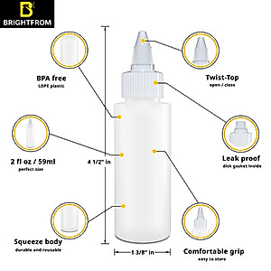 BRIGHTFROM Twist Top Applicator Bottles, Squeeze 2 OZ Empty Plastic Bottles, Refillable, Open/Close Nozzle - Multi Purpose (Pack of 2)