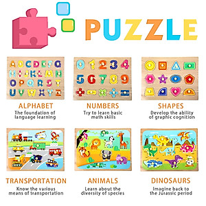 Wooden Peg Puzzles for Toddlers 2 3 Years Old, WOOD CITY Alphabet & Number Puzzles for Kids, 4 Pcs Toddler Puzzles Set - Letters, Numbers, Animals and Vehicles, Learning Toys Gift for Girls and Boys