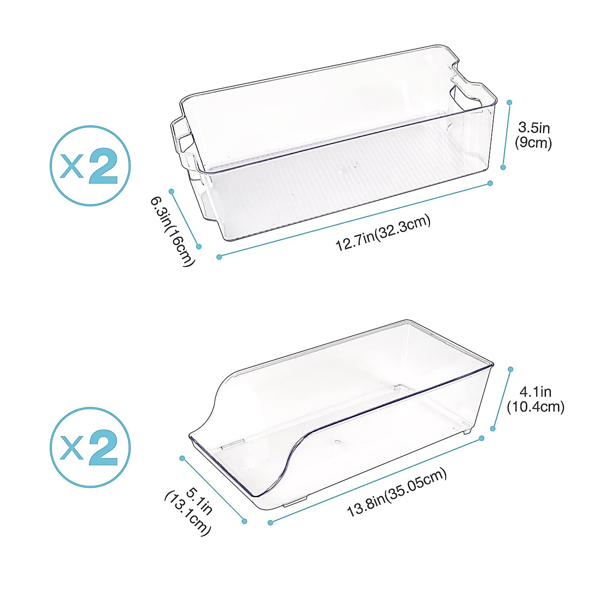 Puricon 4 Pack Clear Plastic Kitchen Organizer, Food Storage Bins and Soda Can Organizer for Refrigerator Fridge Pantry Freeze Cabinets Countertops, BPA Free Fridge Organizer