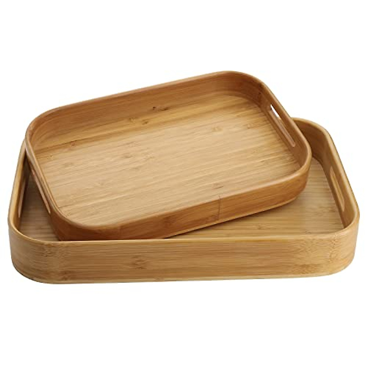 Dicunoy Set of 2 Bamboo Serving Tray, Solid Wood Breakfast Tray with Handles, Large Bamboo Food Tray Great for Dinner, Tea, Coffee, Bar, Parties, 15.6" L x 10.8" W /12.6" L x 8.5" W