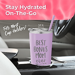 Best Bonus Mom Stainless Steel Coffee Mug with Insulated Travel Tumbler and Straw - Birthday Gift for Bonus Mom, Best Mom Ever, Friend, and Work Mom - Stepmom Travel Coffee Cup, Coffee Tumbler