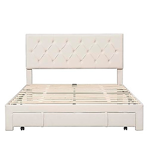 Queen Size Velvet Upholstered Platform Bed Frame with Headboard & Storage Drawer, Platform Bed with Sturdy Wooden Slats Support, No Box Spring Needed for Bedroom Small living Space (Beige, Queen)