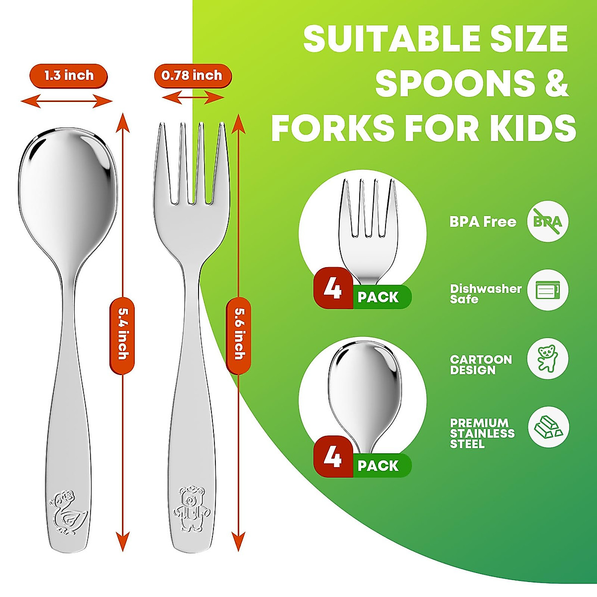WXCWYQR 8 Pieces Toddler Utensils, Kids Stainless Steel Silverware Set - 4pcs Forks and 4pcs Spoon, Cute Children Flatware Sets with Mirror Polished, Self Feeding Safe, Dishwasher Safe