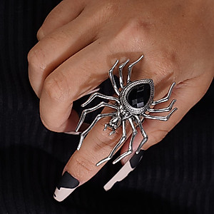 Jumwrit Spider Ring for Women Vintage Knuckle Ring Black Rhinestone Finger Ring Silver Extra Big Spider Ring Daily Festival Accessory for Girl