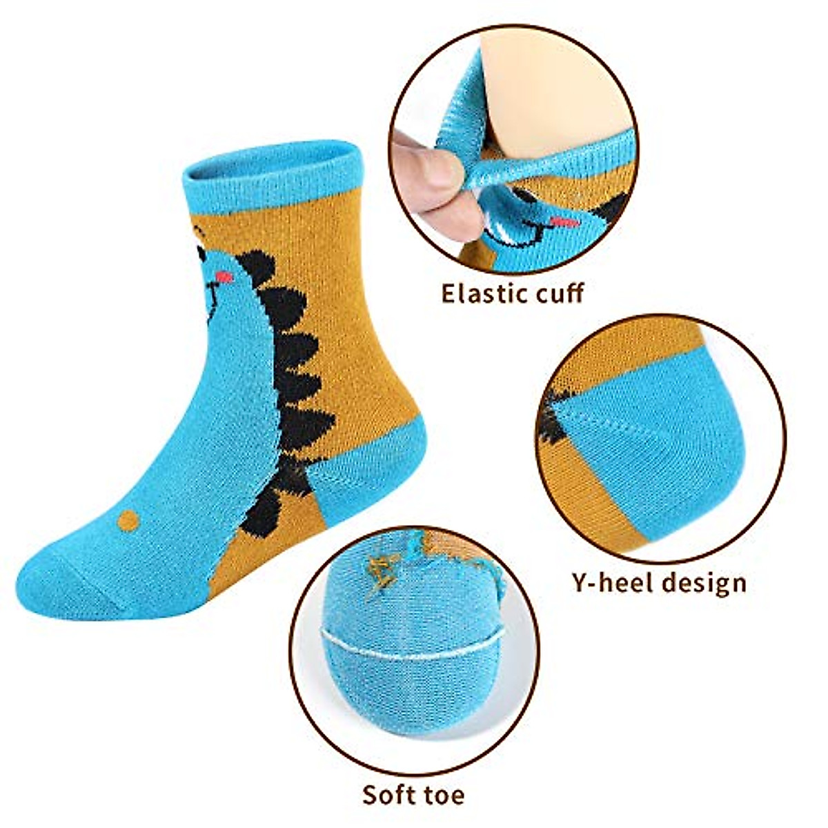 5 PACK Boys Dinosaur Socks, Cartoon Dino Pattern Cotton Crew Socks for Baby Toddler Little Kids, 3-8 Year Old Gift Set for Christmas