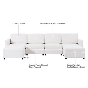 FANYE Oversized Chenille Upholstered Modular Storage Sectional Sofa Couch W/2 Movable Ottomans & Cupholders, U-Shaped Free Combined Sofa&Couch Convertible Sleeper Sofabed for Living Room