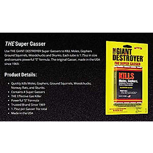 The Giant Destroyer (GAS KILLER) (1Pack of 4 Tubes) kills Moles, Gophers, Woodchucks, Norway Rats, Skunks, Ground Squirrels in their Holes, Tunnels, Burrows. NO dealing w/ dead pest, better than traps