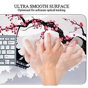 Japanese Cherry Blossom Gaming Mouse Pad 31.5x11.8in Pink Full Desk Japanese Sakura Gaming Mouse Pad Large Non-Slip Rubber Base Waterproof Big Keyboard Mat with Stitched Edges for Gaming Office