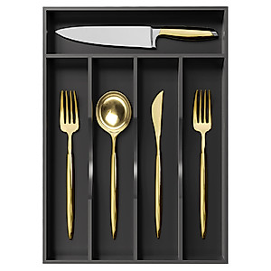 Greenual Black Silverware Organizer 10 In Utensil Organizer Silverware Tray for Drawer Cutlery Flatware Organizer for Kitchen Bamboo Wood
