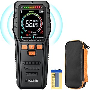 Proster Pinless Wood Moisture Meter, Non-Destructive Moisture Tester for Wood Wallboard Masonry;Detect up to 3/4 Inch Below Surface, Backlit Color LCD , Visual/Audible Alarm, with Storage Case