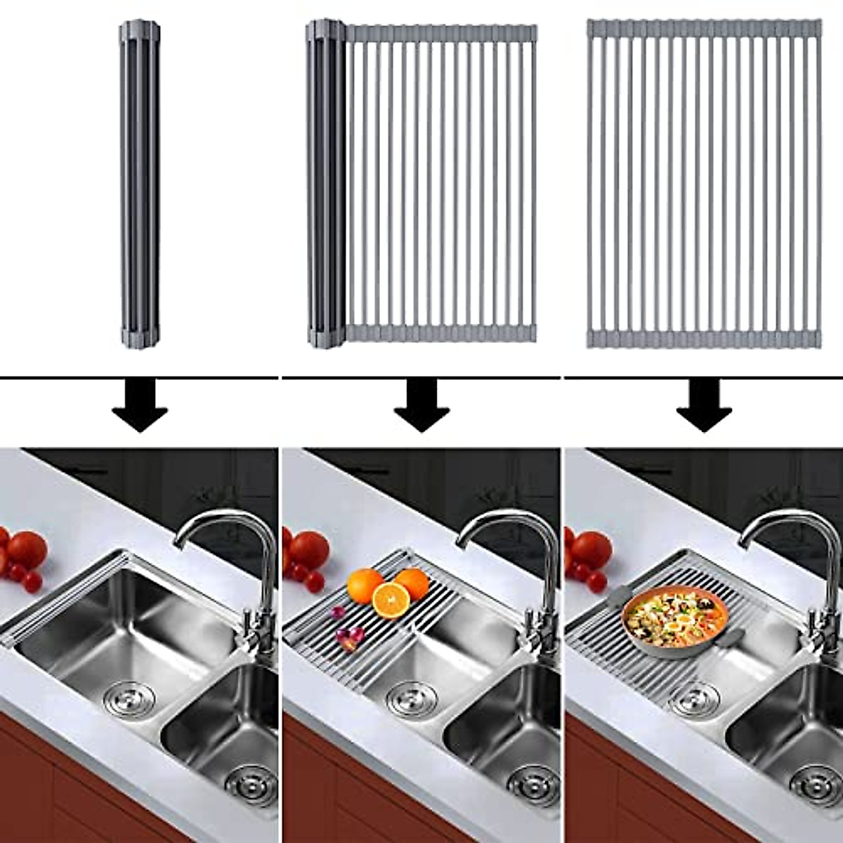 Neholef Roll-Up Dish Drying Rack, Over The Sink Multipurpose Dish Drainer Rack, Heat-Resistant Anti-Slip Silicone Coated Dish Rack for Kitchen Sink Countertop