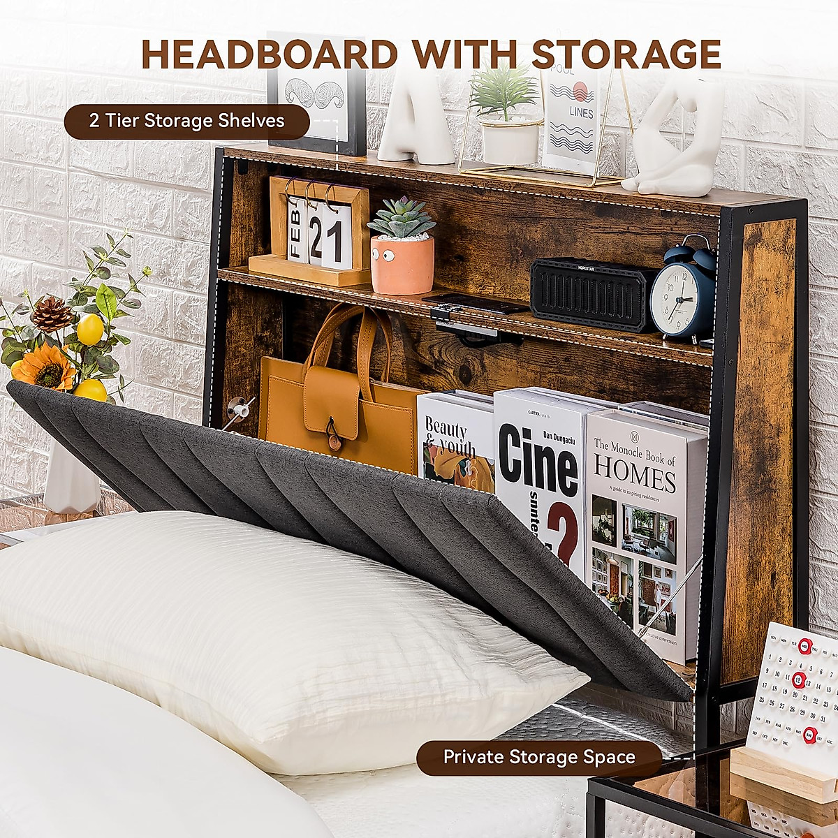 COMHOMA Twin Size Bed Frame, Platform Bed Frame with 2 Storage Drawers, Power Outlets, 2-Tier Storage Headboard and LED, Strong Support, No Box Spring Needed