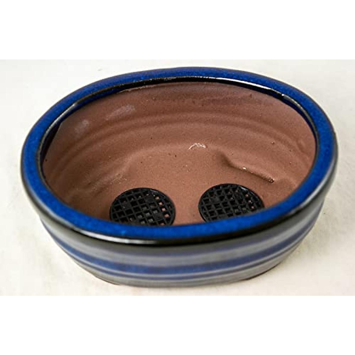 Oval Shohin Bonsai Pot, Cactus & Succulent Planter + Mesh 6"x 4.5"x 2.5" - Blue Stain Glazed