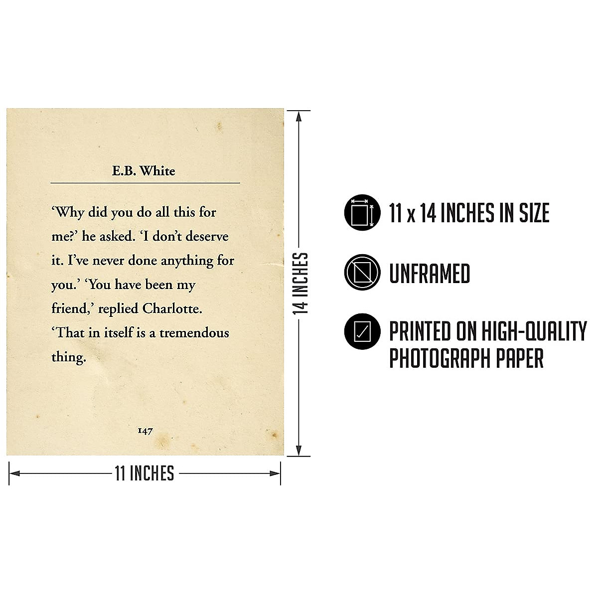 Govivo Excerpt from Charlotte's Web by E.B. White - Typography Wall Decor Art Print on a beige background - 11x14 unframed artwork printed on photograph paper