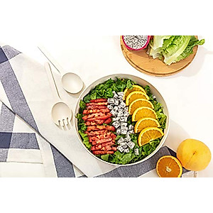 GEHE Bamboo Salad Bowl with Servers Set - Large 9.8 inches mixing bowls Solid Bamboo Salad Wooden Bowl with Bamboo Lid Spoon for Fruits,Salads and Decoration (White, 9.8INCH)