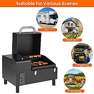 ORALNER Portable Pellet Smoker Grill, 8 in 1 Tabletop Outdoor BBQ Grilling Stove for Tailgating RV Travel Camping Apartment Cooking, Small Wood Pellet Meat Smokers w/LED Screen, Temperature Probe