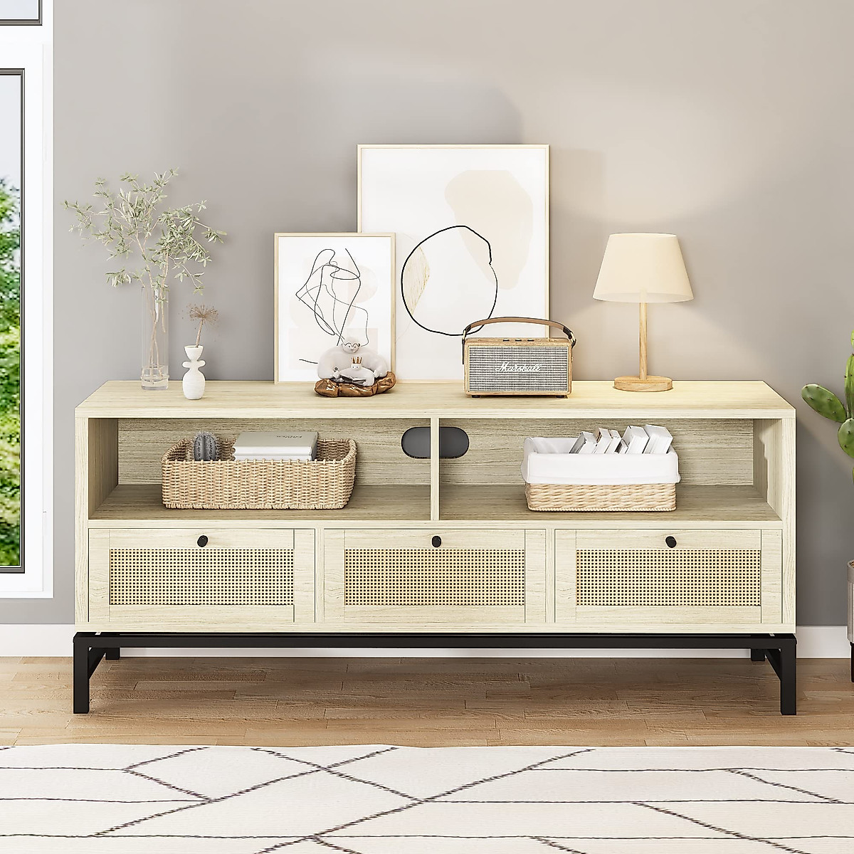 Lamerge 47.2" Rattan TV Cabinet/TV Stand/TV Table with 3 Drawers,Media Console,Boho Farmhouse Entertainment Center,Storage Cabinet for Living Room or Media Room,Natural Oak