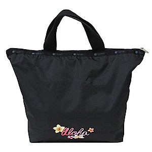 LeSportsac Aloha Sunrise HAWAII EXCLUSIVE Easy Carry Tote Crossbody + Top Handle Handbag, Style 2431/Color K586, Placement Print - Vibrant Tropical Lei Flowers & Palm Trees, Aloha Printed Front & Back