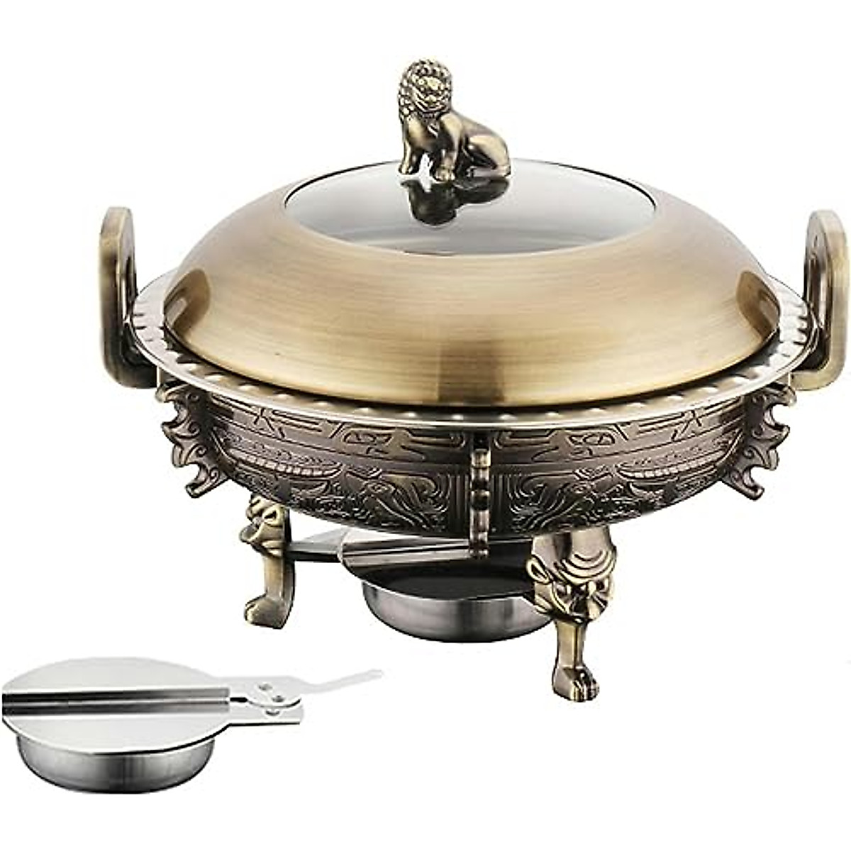 Retro Round Chafing Dish, Stainless Steel Buffet Server Warming Tray with Fuel Holders and Lid, for Birthday Party Wedding Celebration