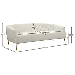 Meridian Furniture Tori Collection Modern | Contemporary Velvet Upholstered Sofa with Deep Channel Tufting and Ball Designed Custom Gold Legs, 84.50" W x 31.5" D x 29.75" H, Cream