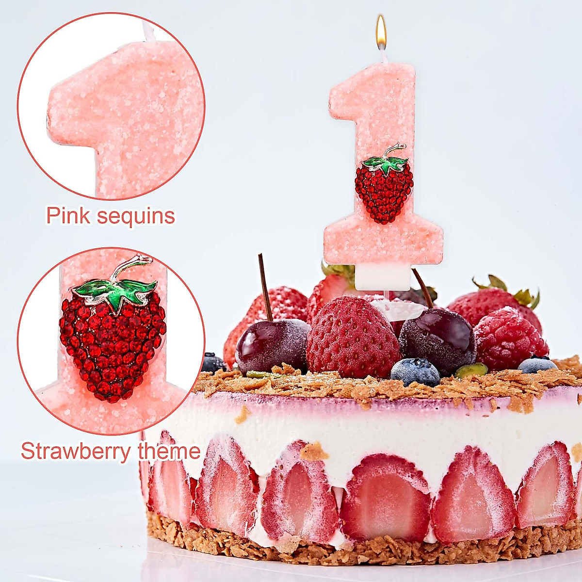 Strawberry Number 1 Candle, Cute Berry Number One Candle Strawberry Theme Cake Topper Decor Supplies for First Birthday Wedding Party Baby Shower Decoration