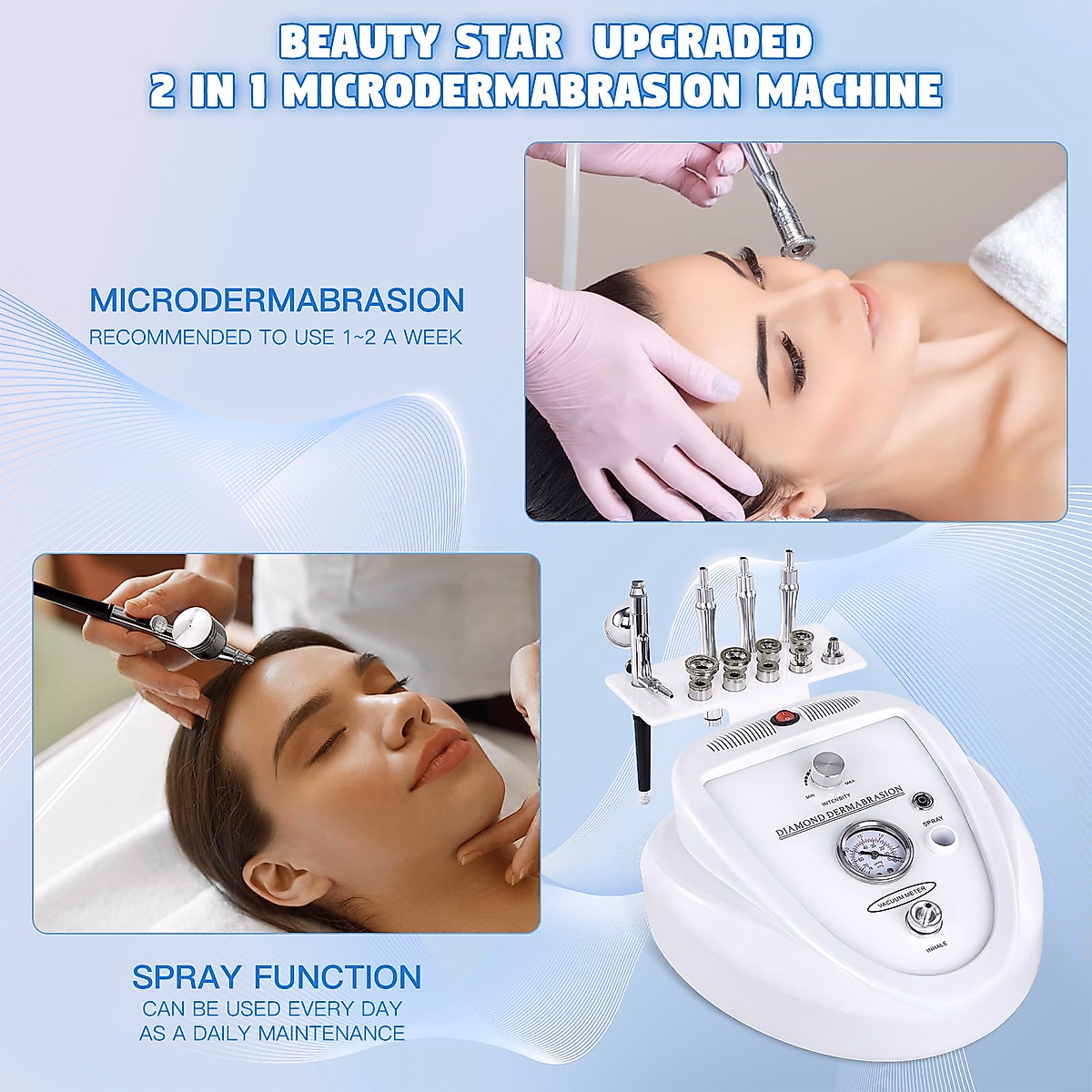 Upgraded 2 IN1 Diamond Microdermabrasion Machine, Beauty Star Professional Diamond Dermabrasion Facial Devices System at Home, Face Pore Cleansing Tool(65-68cmHg Vcuum Suction)