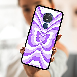 zaztify Phone Case for Motorola Moto G7 Power/Supra/Optimo Maxx, Purple Butterfly Tunnel Center Swirl Latte Valentine Color Block Shockproof Protective Anti-Slip Thin Soft Cover Shell
