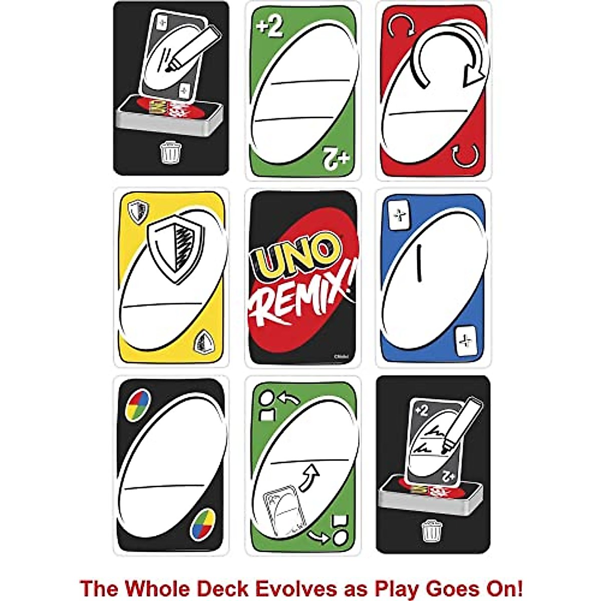 Mattel Games UNO Remix Card Game for Family Night with Customizable Options & Write-On Cards in Storage Tin for 3-6 Players