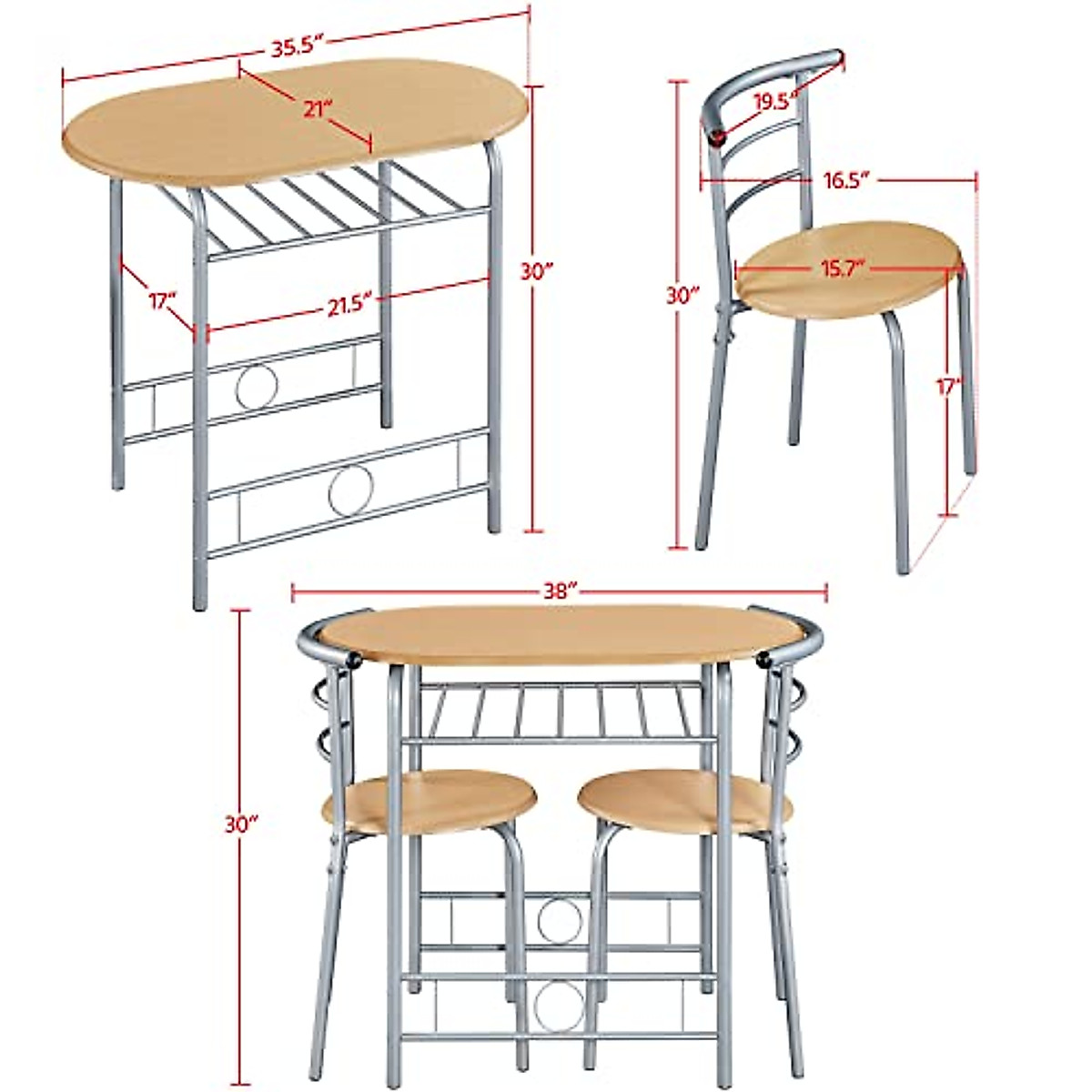 Yaheetech 3 Piece Round Dining Table Set Kitchen Breakfast Table Set for 2 Dining Table with 2 Chairs Space Saving Table Set w/Metal Frame, Wine Rack for Small Space/Dining Room/Apartment, Natural