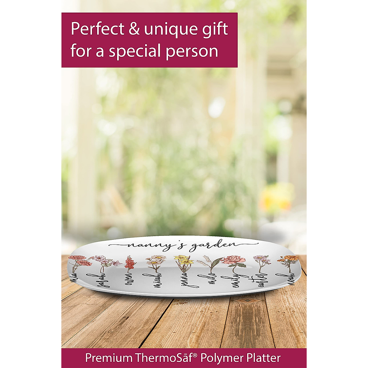 The Pine Trove Birth Flower Personalized Platter for Nanny for Mother's Day, Christmas, Birthday (10x14 inch, ThermoSāf® Polymer Platter)