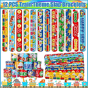 Erweicet Train Party Favors 72PCS Slap Bracelets DIY Stickers Temporary Tattoos Keychains Plastic Straws Gift Bags for Kids Car Theme Birthday Party Baby Shower