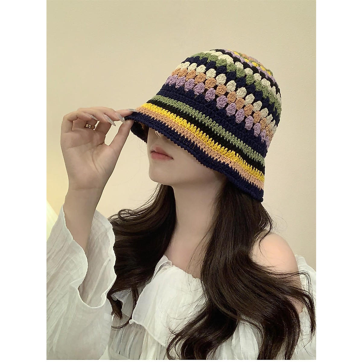 Women Crochet Bucket Hats Handmade Cloche Hats Knitted Beanies Floppy Fishing Hat Floral Cap Striped Trendy Outdoor