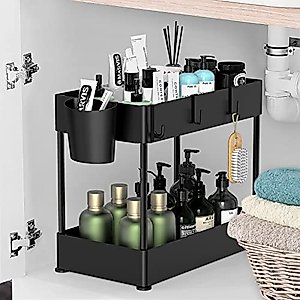 Giergt Under Sink Organizers and Storage, Bathroom Organizer Under Sink, 2-Tier Organizer with 6 Hooks, Multi-purpose Under Kitchen Sink Storage, Black Under Sink Shelf Organizer Rack
