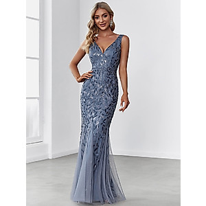 Ever-Pretty Women's Formal Dress Sequin Double V-Neck Sleeveless Mermaid Long Evening Dress Dusty Navy US10