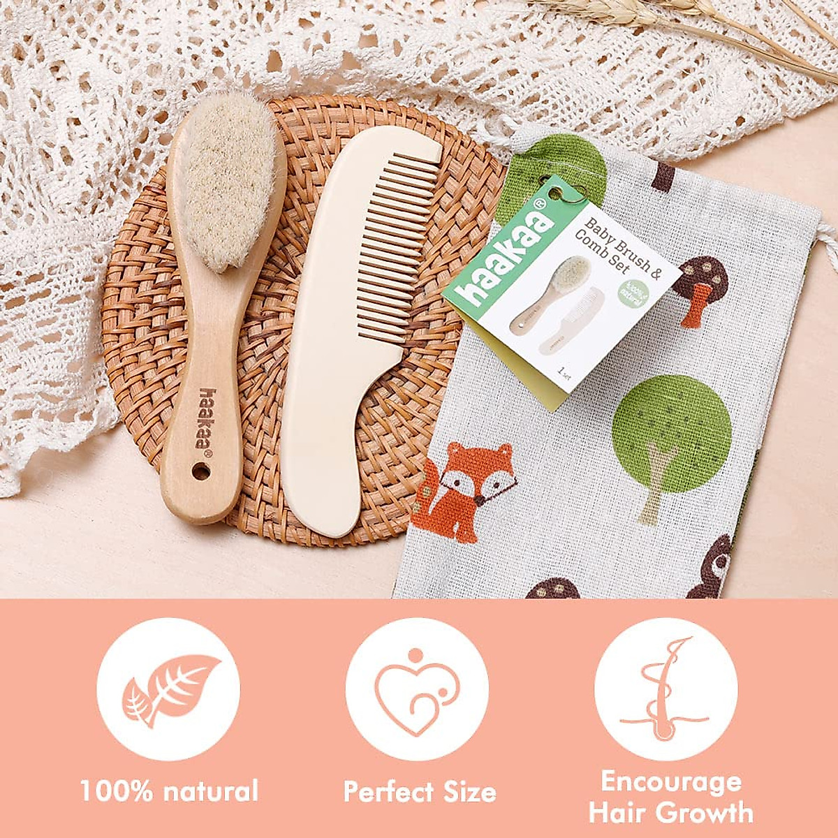 haakaa Baby Hair Brush and Comb Set - Baby Brush with Soft Wool Bristles for Cradle Cap - Wooden Comb Scalp Grooming Massager for Infant,Newborn & Toddler,Baby Showe Gift, 2PK