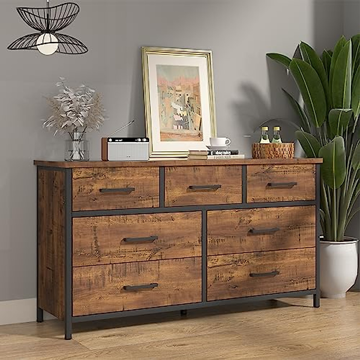 IKENO 7 Drawer Dresser for Bedroom, Industrial Wood Storage Dressers & Chests of Drawers with Sturdy Steel Frame, Storage Organizer for Bedroom Office Wood, Walnut